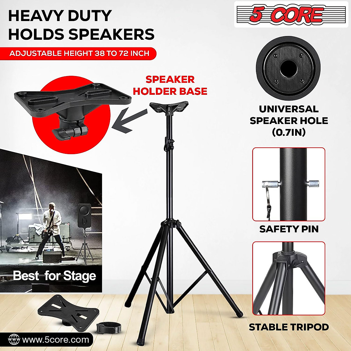 5 Core Speaker Stand Pair Tripod Floor Heavy Duty Adjustable Up to 72 Inch DJ Studio Monitor Stands Pole Mount - SS HD 2PK BLK Bag