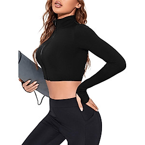 SOLY HUX Women's Lightweight Full Zip Athletic Long Sleeve Crop Running Workout Yoga Sportwear Jacket Solid Plain Black Small