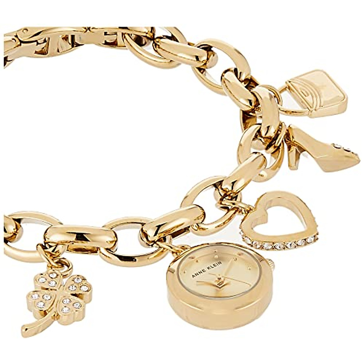 Anne Klein Women's Premium Crystal Accented Gold-Tone Charm Bracelet Watch, 10/7604CHRM