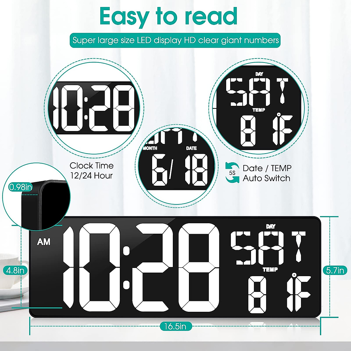 Tetino Large Digtal Wall Clock,16.5Inch LED Display Aram Clock with Auto-Dimming,Date,Indoor Temp,UP&Down Timer,12/24H System,Week,for Home Office,Kids, Gym,Classroom,Livingroom. (White)