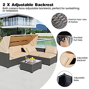 GAOMON Patio Rattan Daybed, Patiojoy Wicker Daybed Lounger w/Retractable Canopy, 2 Foldable Side Panels, Thick Seat & Back Cushions, Double Conversation Bed for Garden, Backyard, Porc