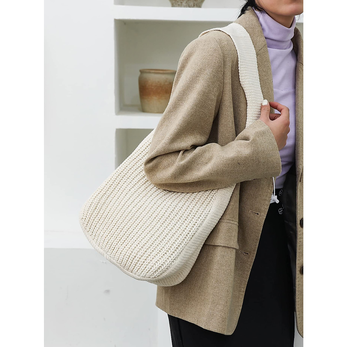 ENBEI Women's Shoulder Handbags Crocheted Bags Large knit bag Tote bag aesthetic for school cute Tote bags for women Christmas gifts (creamy-white)