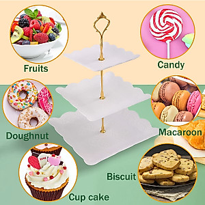 PowerKing 3 Tier Cupcake Stand Cake Stand - Plastic Tiered Serving Tray for Desserts, Candy, and Treats - Perfect for Wedding, Birthday, Tea Party (White,2Pack, Square)
