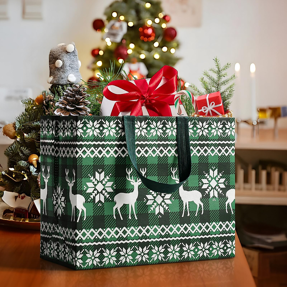 STYPOP 2 Pack 13" Large Christmas Gift Bags with Tissue Paper, Reusable Christmas Tote Bags with Handles, Non-Woven Holiday Gift Bags for Christmas Gift Wrap/Party Favor Supplies, 12.8"*10.2"*6.3"