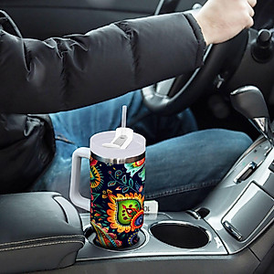 xigua 30 oz Paisley Flower Tumbler with Handle and Straw Lid, Stainless Steel Vacuum Insulated Sports Water Bottle, Keeps Cold or Hot Coffee Cup Travel Mug