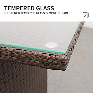 Valita Outdoor PE Wicker Bar Counter Glass Top Table with 2 Steel Shelves Design and 3 Set of Rails Patio Brown Rattan Furniture