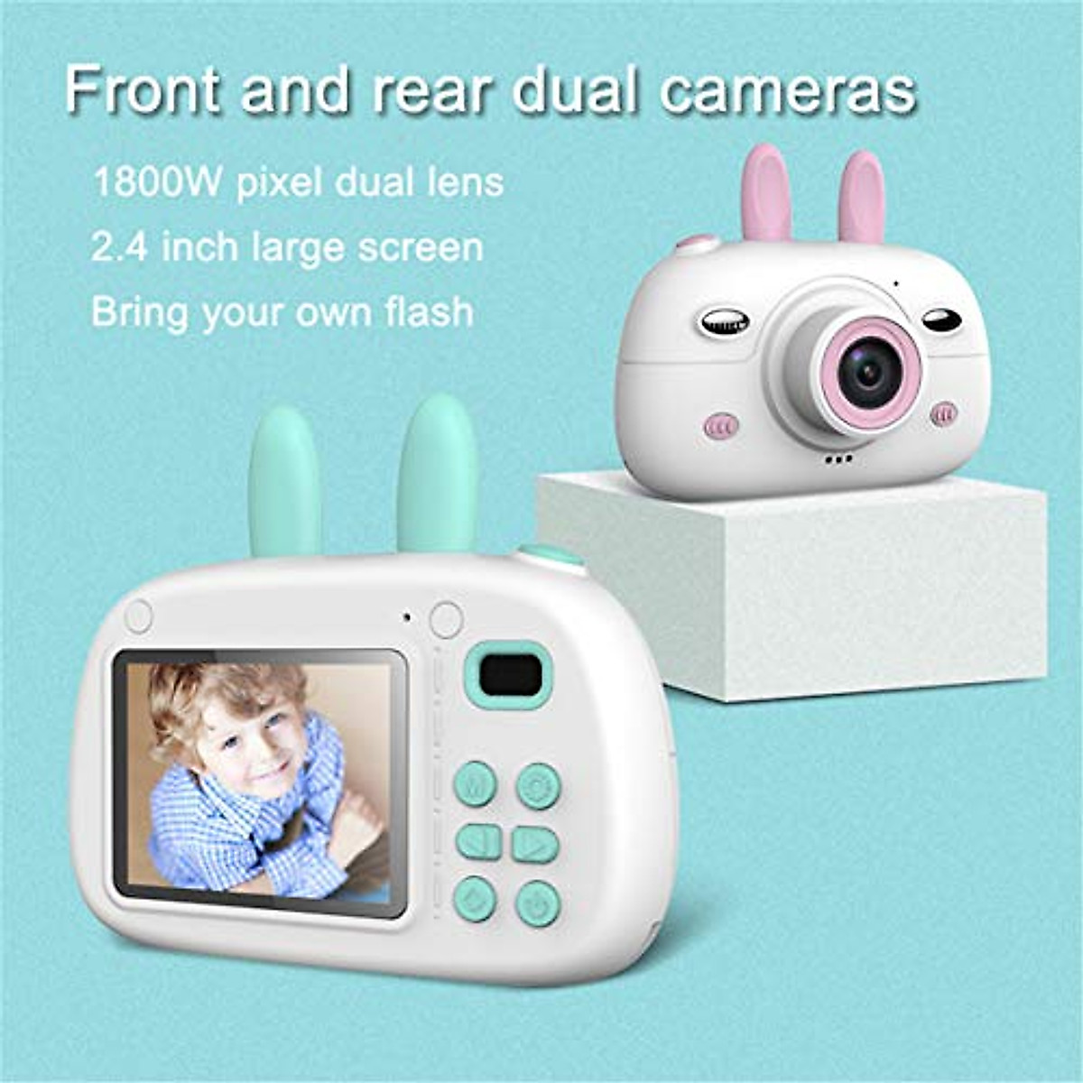 MCJL Child Camera Child Digital Camera Photograph Print Camera Cartoon Rabbit Video Recorder 1080P High List Anti Dual Lens 2.4 Inch IPS Screen,Blue,32GB