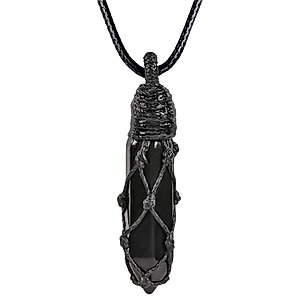 SUNYIK Hexagonal Crystal Point Pendant Necklace with Wax Rope Wrapped, Wrapped Stone Wand Necklace for Women Men, Obsidian