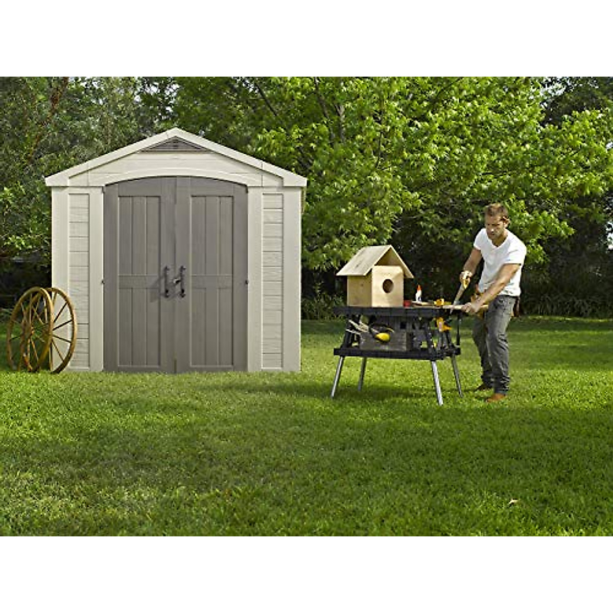 Keter Factor 8x8 Foot Large Resin Outdoor Storage Shed with Floor for Patio Furniture, Lawn Mower, and Bike Storage
