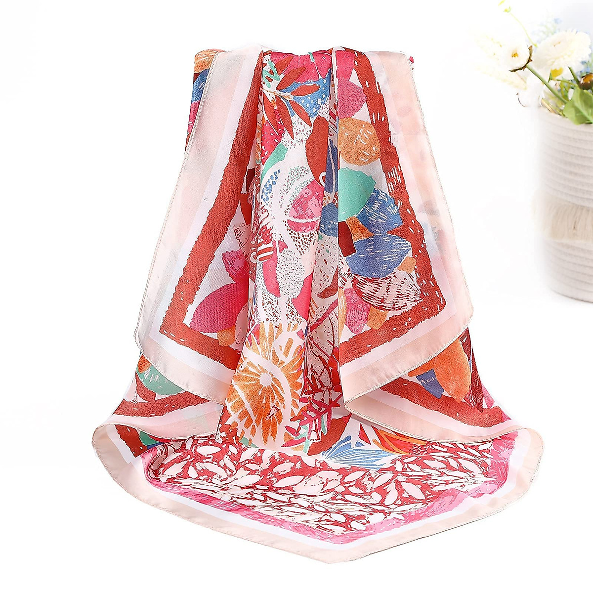 AWAYTR 27.5” Silk Satin Square Head Scarf/Scarves for Women Hair Bandanas Sleeping Neck Head Kerchief/Wraps (Flowering Leaves (Beige/Orange/Navy/Red)), 4PCS