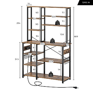 Rolanstar Baker's Rack, 60.9inch 10-Tier Kitchen Utility Storage Shelf with 15 Hooks, Large Kitchen Rack with Power Outlet, Microwave Oven Stand, Stable Coffee Bar, Rustic Brown
