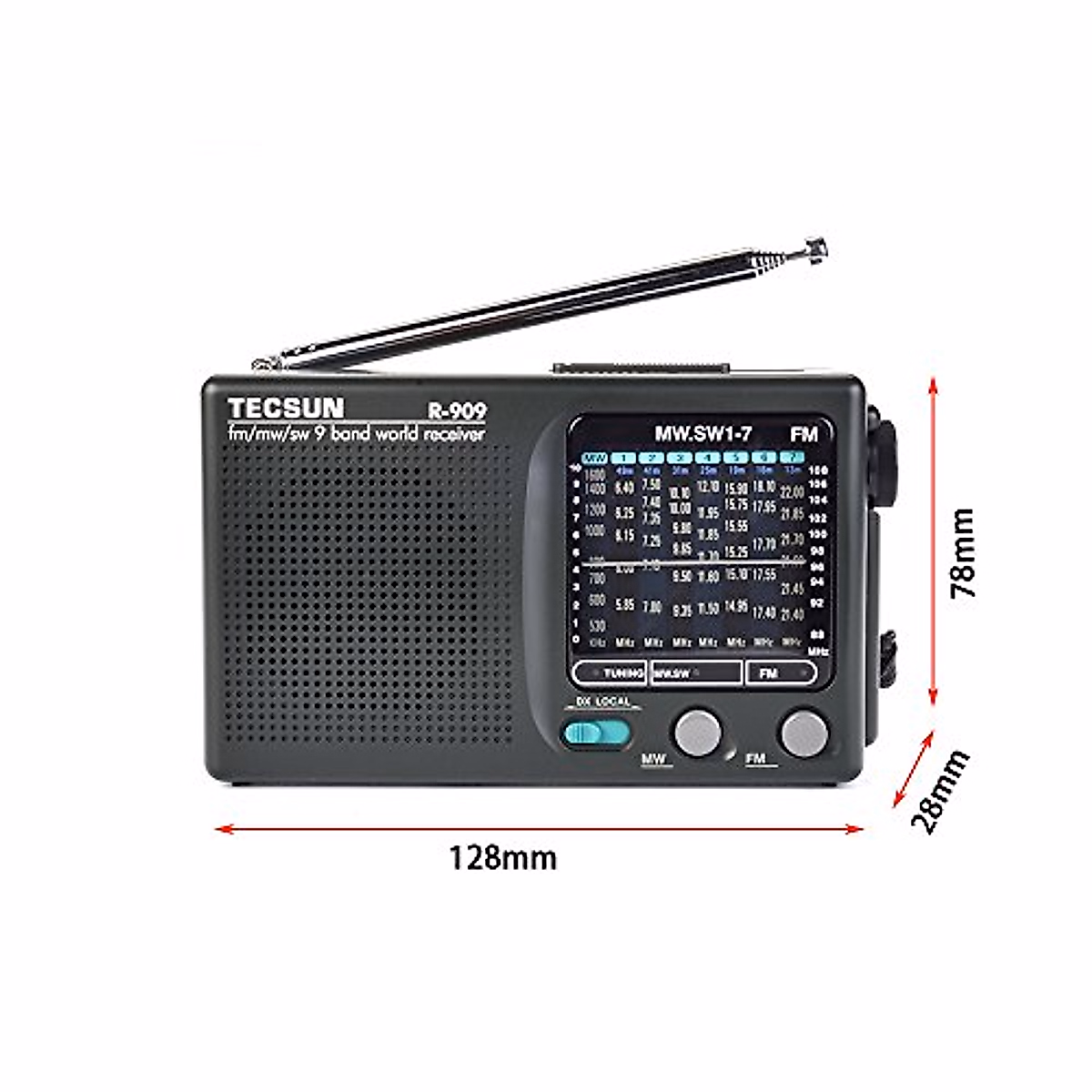 TECSUN R-909 AM/FM/SM/MW (9 Bands) Multi Bands Radio Receiver Broadcast with Built-in Speaker