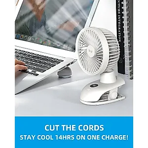 Brigii Desk&Clip Fan, Small Fan 14H Long Battery Life, Battery Level Display, 5 INCH Travel Fan, 4-Speed, Type-C Rechargeable-PF01(White)