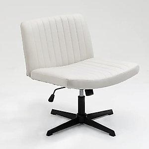 Armless Office Chair PU Leather Office Desk Chair No Wheels, Modern Swivel Vanity Chair Adjustable Mid-Back Ergonomic Task Chair with Height Adjustable and Cross Legged for Home Office Chair, Beige