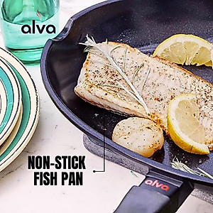 ALVA Energy Non Stick Fish Pan 13.4" Skillet, Oval Shaped Non Stick Frying Pan with Pour Spouts, Cast Aluminium Nonstick Fry Pan for Stove Top, Induction Compatible Cookware