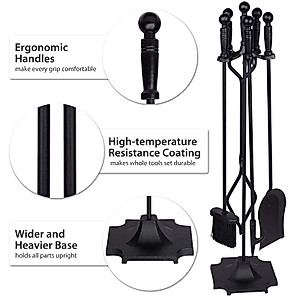 GASPRO 5-Piece Fireplace Tools Set, 32 Inch Wrought Iron Fireplace Accessories Includes Fire Poker, Shovel, Brush, Tong, and Stand, Easy to Assemble