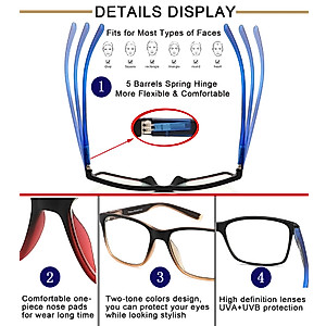 Reading Glasses for Men 4-Pack Stylish Computer Readers with Spring Hinges, Anti Glare/Eye Strain Filter UV Ray Blue Light Blocking Two-Tone Reader Eyeglasses,+1.5 Magnification Strength