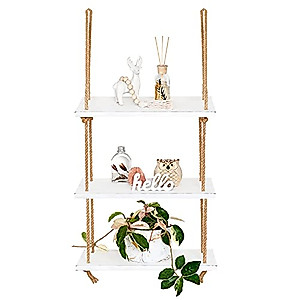 Mkono Hanging Shelves 3 Tier White Wood Wall Mount Floating Shelf with Rope Boho Decor for Living Room Bathroom Bedroom Kitchen Apartment - Rustic Wood Decorative Storage Shelf