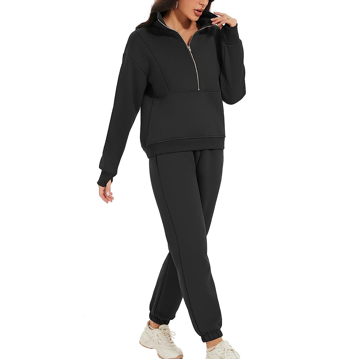 Flygo Womens Fleece 2 Piece Outfits Sweatsuit Half Zip Pullover Sweatshirt Joggers Pants Tracksuit Set (Black-M)
