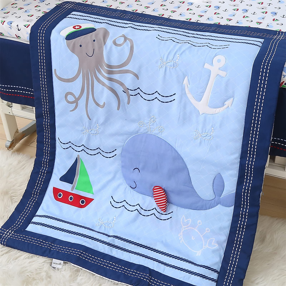 Wowelife Nautical Crib Bedding Sets 3 Piece Whale Crib Comforter Bed Set Sea Crib Bedding Set Nursery Bedding Set with Comforter,Skirt and Fitted Sheet
