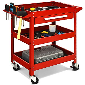 Goplus 3 Tier Rolling Tool Cart, 330 LBS Capacity Heavy Duty Utility Cart Tool Organizer with Storage Drawer, Industrial Commercial Service Tool Cart for Mechanics, Garage, Warehouse & Repair Shop