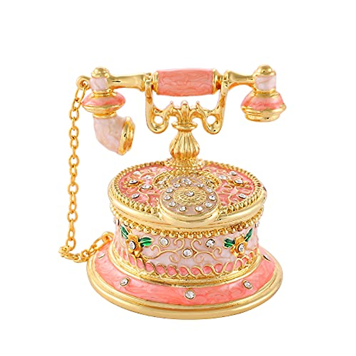 QIFU Hand Painted Telephone Pink Enameled Jewelry Trinket Box with Hinged Unique Gift for Home Decor