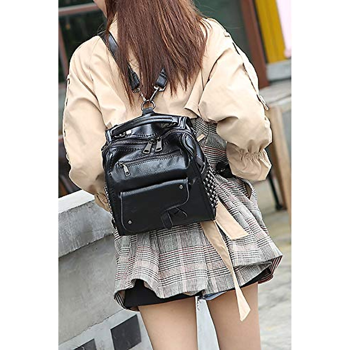 UTO Women Studded Backpack Purse PU Leather Convertible Ladies Rucksack Zipper Pocket Crossbody Shoulder Bag Black