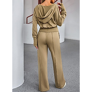 Herseas 2 Piece Teacher Outfits for Women Gym Wear Crop Top Long Sleeve Zip Up with Wide Leg Sweatpants Matching Suit Going Out Sets Beige Large 12 14