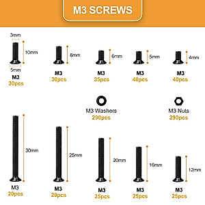 VIRGUE 870Pcs M3 Flat Head Phillips Machine Screws Black, M3 x 4/5/6/8/10/12/16/20/25/30mm Countersunk Metric Machine Screws Assortment Kit
