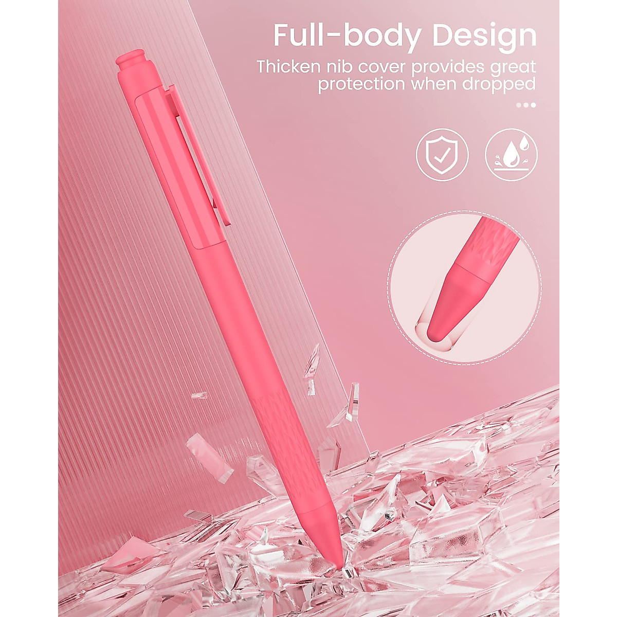 MoKo Silicone Pencil Sleeve for Apple Pencil 1st Generation, Lightweight Apple Pencil Silicone Cover Anti-Slip Grip iPad Pencil Holder with Clip, 3 Nips, Watermelon Red