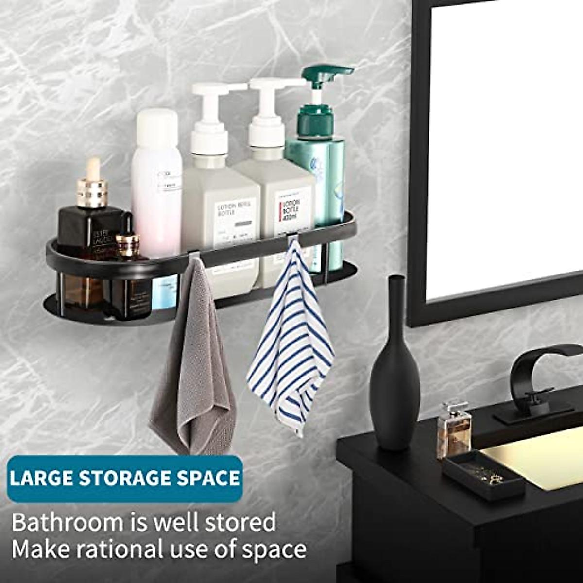 vinlley Shower Caddy, Shower Shelf, Adhesive Shower Organizer No Drilling, SUS304 Stainless Steel Shower Shelf for Shower and Bathroom Storage, 2 Pack with 6 Hooks&4 Transparent Wall Stickers, Black