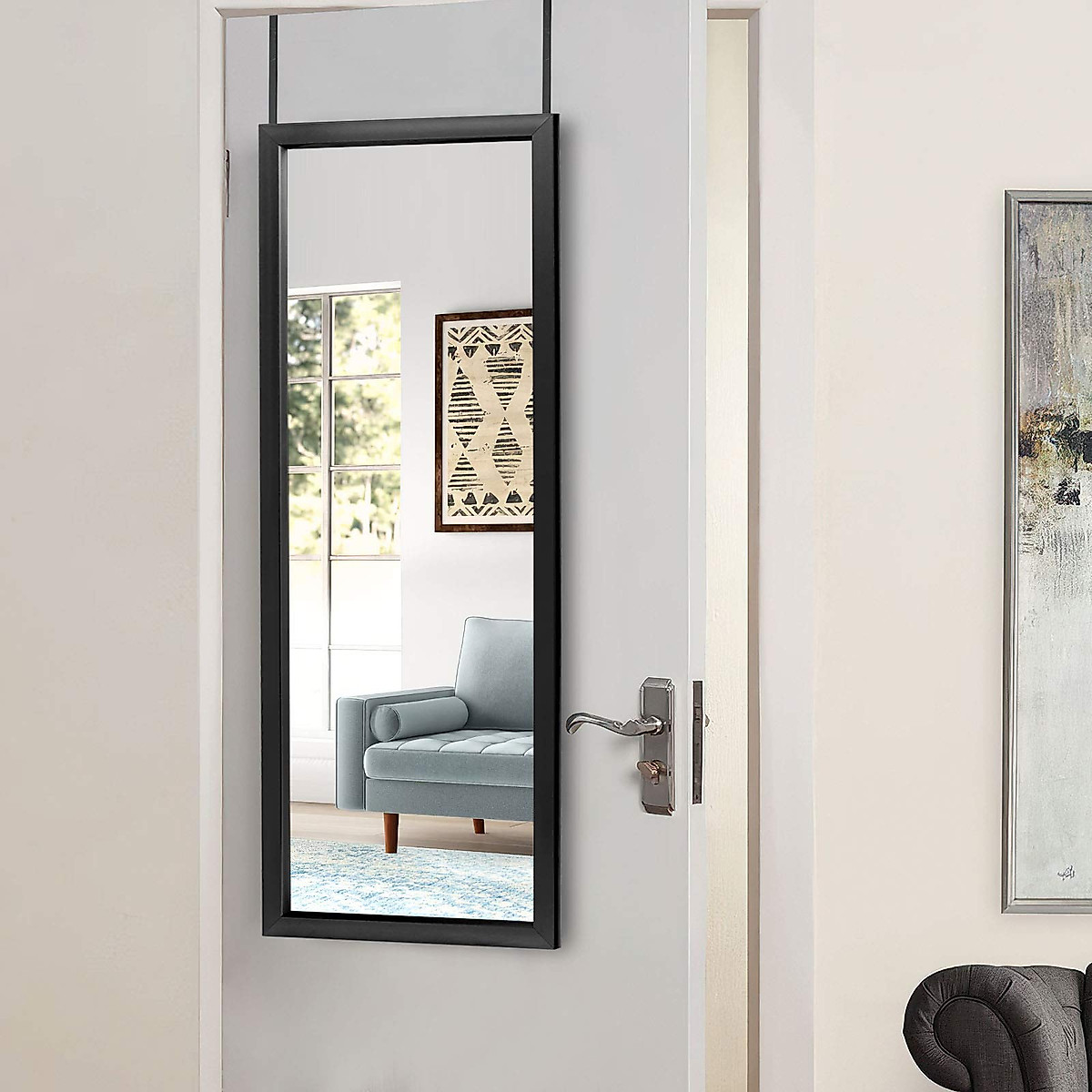 NeuType Full Length Mirror Hanging Over The Door or Leaning Against/ Mounted On Wall, 43"x16", Black, No Stand