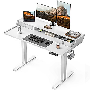 ErGear Electric Standing Desk with Drawers, 48″ x 24″ Gaming Desk with Monitor Stand, C-Clamp Mount Compatible, Home Office Height-Adjustable Desk with Storage Shelf, 4 Preset Heights, White, EGESD36W