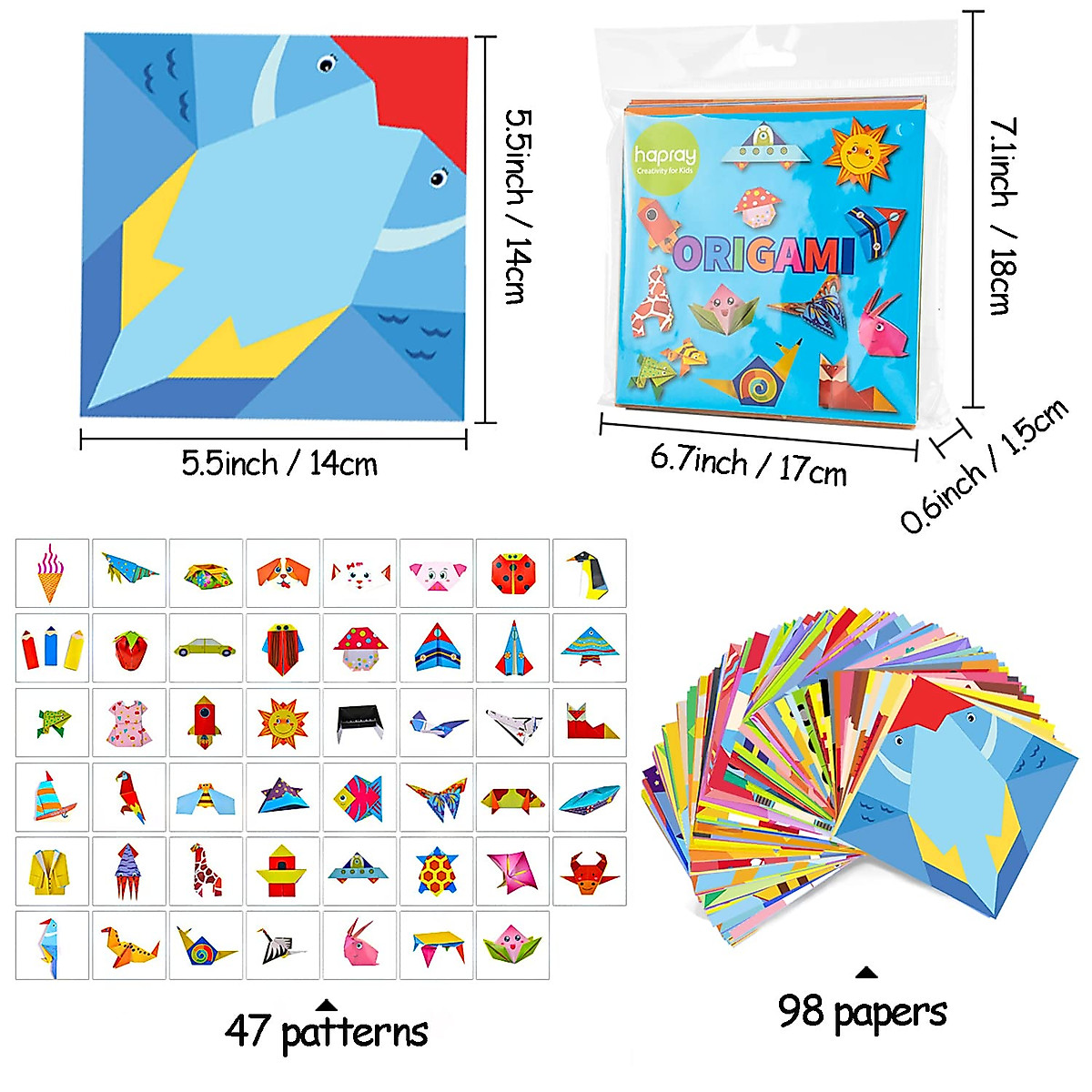 hapray Origami Kit for Kids Ages 5-8 8-12, with Guiding Book, 98 Sheets Paper with 47 Patterns, DIY Art and Craft Projects, Beginners Children's Day Gift Boy Girl