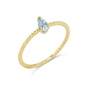 Dainty 10k Yellow Gold Solitaire Aquamarine Pear-Shaped Modern Engagement Rope Ring (Size 6)