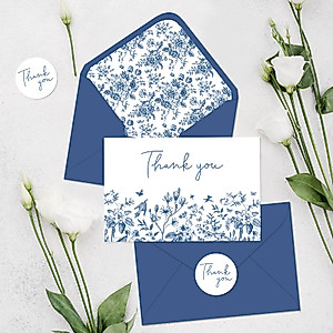 Whaline 36Pcs Blue Floral Thank You Cards with Envelope Stickers Wild Floral Thank You Note Cards for Wedding Bridal Shower Birthday Supplies