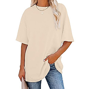 SAFRISIOR Women Oversized Solid Round Neck Short Sleeve T-shirt Drop Shoulder Casual Tee Shirt Tunic Blouse Top Apricot