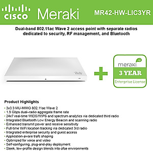 Cisco Meraki MR42 Cloud-Mng'd Wless AP + 3yr of Enterprise License and Support