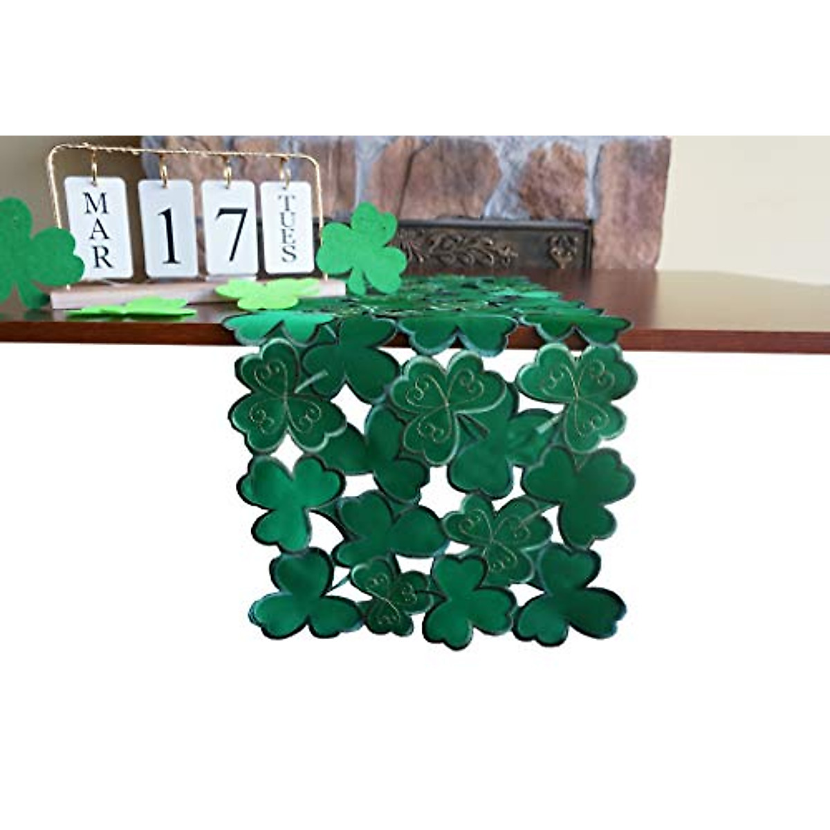 GRANDDECO St. Patrick's Day Table Runner,Applique Embroidered Cutwork Clover Dresser Scarf for Home Kitchen Dining Spring Holiday Tabletop Decoration, Green,Runner 13"×34"