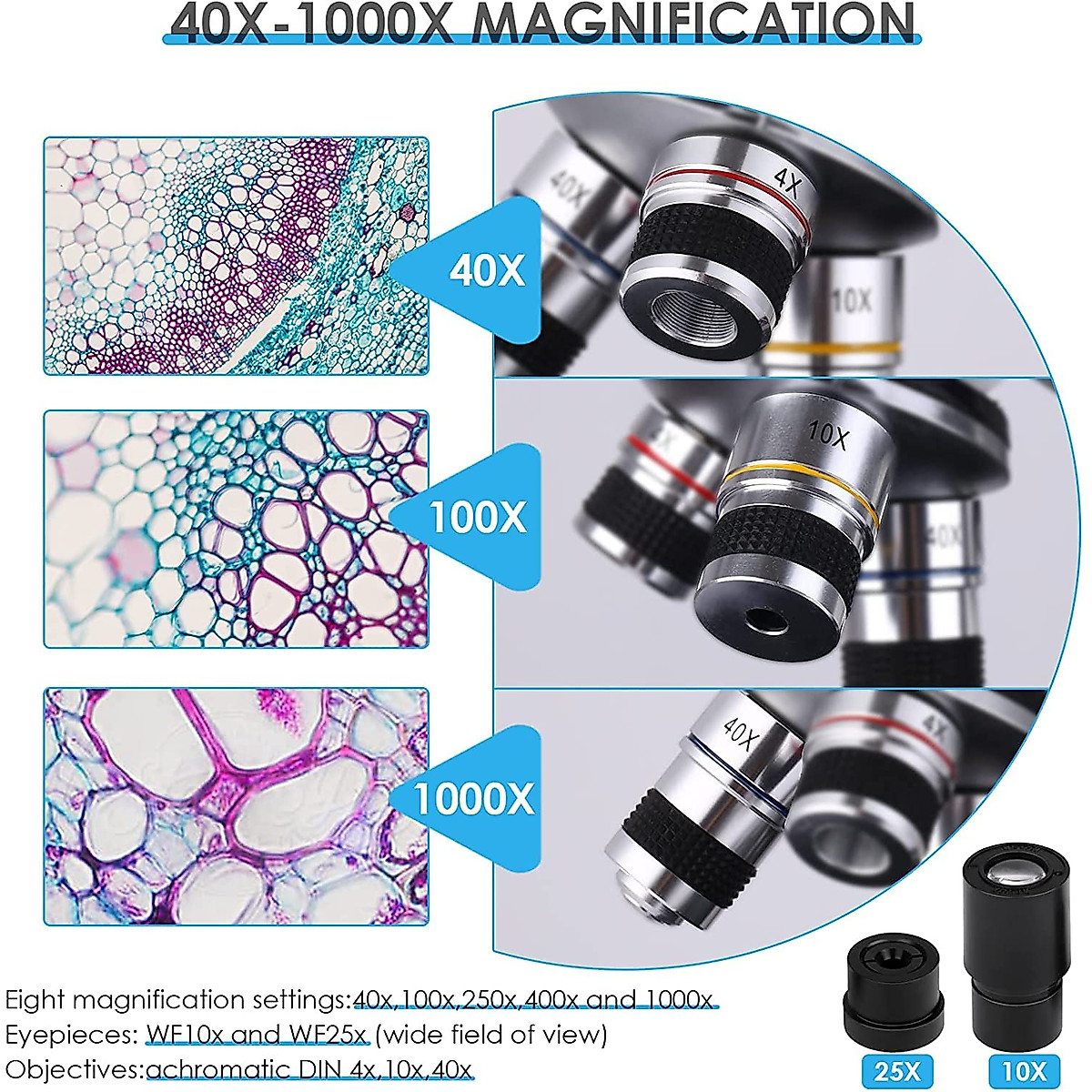 40X-1000X Microscopes for Students Kids Adults, Cordless Biological Compound Monocular Microscopes with Microscope Slides Set, Phone Adapter, Dual LED Illumination Power Optical Glass Lenses