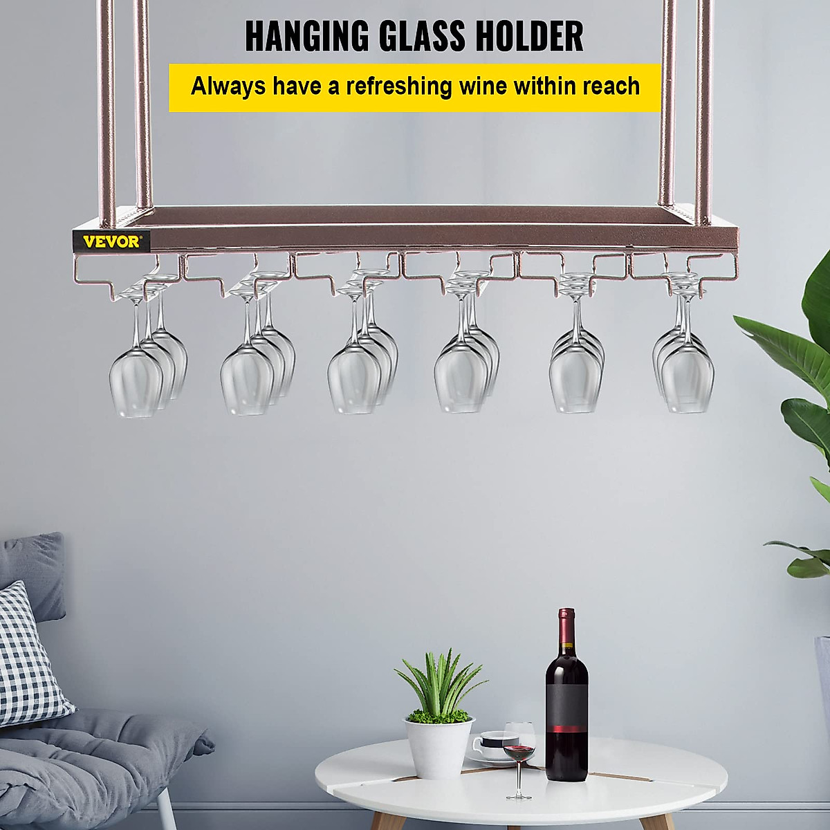 VEVOR Ceiling Wine Glass Rack, 23.6 x 13.8 inch Hanging Wine Glass Rack, 18.9-35.8 inch Height Adjustable Hanging Wine Rack Cabinet, Coppery Wall-Mounted Wine Glass Rack Perfect for Bar Cafe Kitchen
