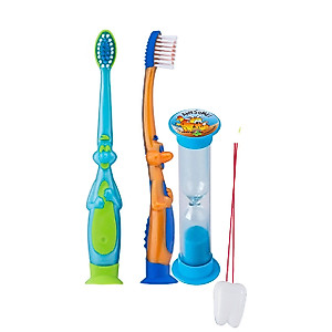 "Prehistoric Dino Adventure" Inspired 3pc. Bright Smile Oral Hygiene Set! T-Rex Toothbrush & Dinosaur Brushing Timer! Plus Bonus"Remember to Brush" Visual Aid!