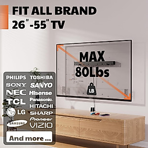 Studless TV Wall Mount, Heavy Duty Drywall TV Bracket Hanger for 26-55 inch Flat Screen TVs, No Stud, No Drill, No Anchors, Easy Install with All Hardware Included