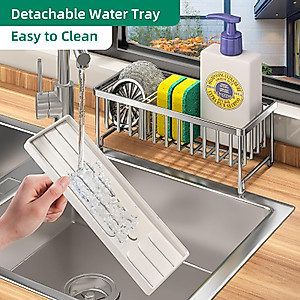 PETXPERT Kitchen Sink Caddy, Sponge Holder for Kitchen Sink, Dish Sponge Organizer with Divider, Rustproof 304 Stainless Steel Dish Brush Holder Storage for Bathroom, Silver