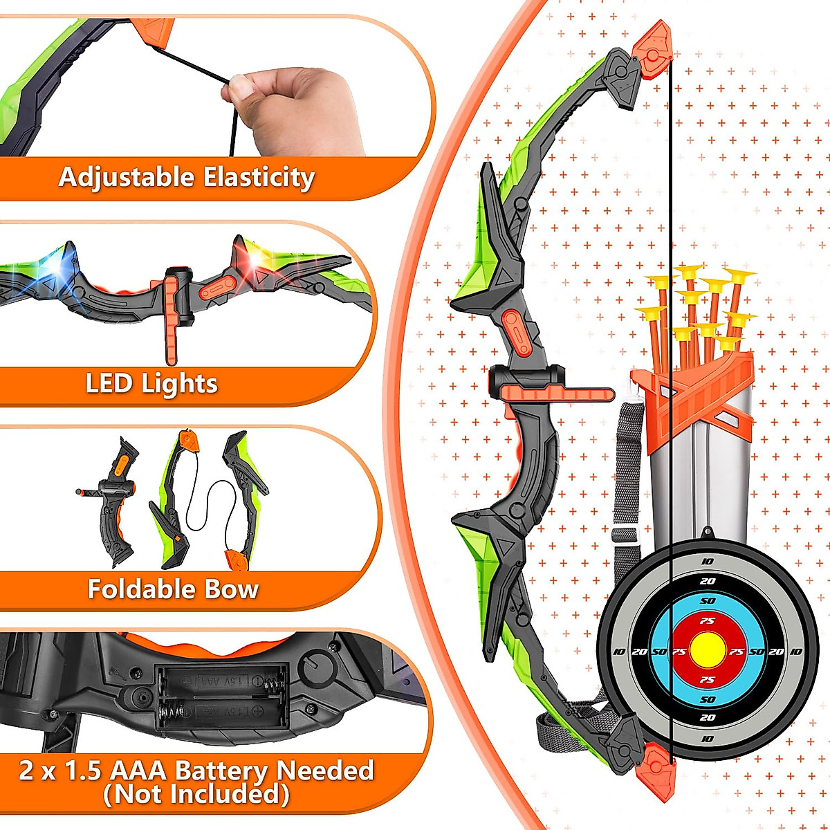 Bigdream Kids Bow and Arrow Toy Set, LED Light Up Archery Toys with 10 Suction Cups Arrows, Outdoor Indoor Shooting Games Toys for 6 7 8 9 10 11 12 Year Old Boys Grils Birthday Gifts