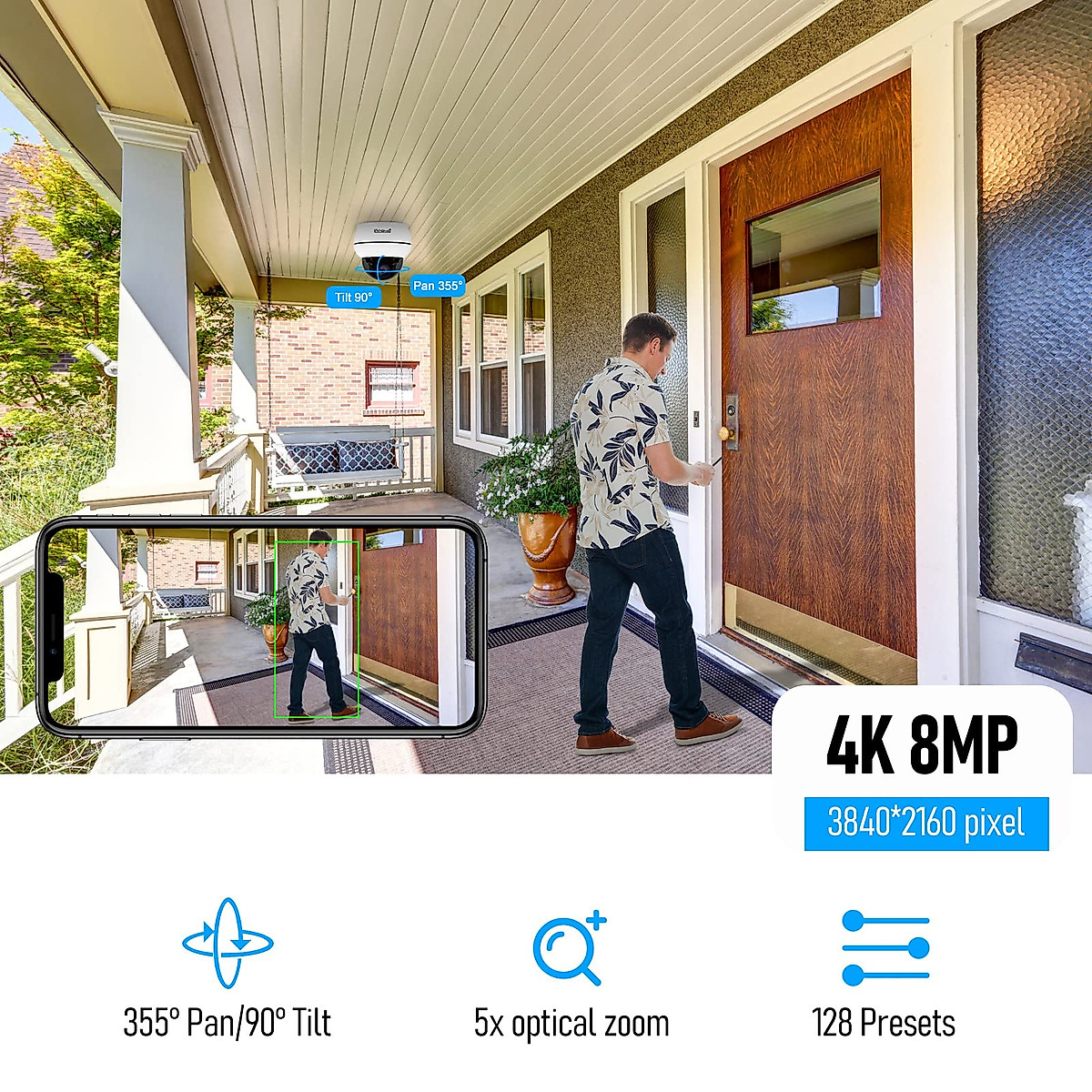 JideTech Outdoor 4K PTZ POE Camera, 8MP IP Dome Camera with 5X Optical Zoom, IR Night Vision Human/Motion Detection, Built in 2-Way Audio, Pan/Tilt, SD Card Slot