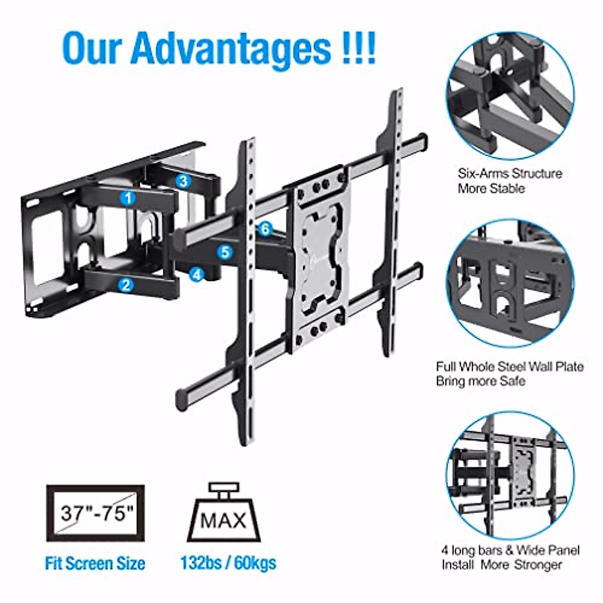 EVERVIEW Full Motion TV Wall Mount Bracket fits for Most 37-75 inch LED,LCD,OLED Flat Curved TVs,Dual Articulating Arms Swivels Tilts Rotation, VESA 600X400mm,132lbs,Fits 12/16" Wood Stud