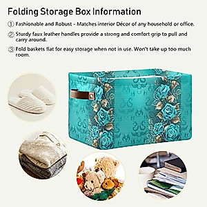 ALAZA Turquoise Rose Floral Foldable Storage Box Storage Basket Organizer Bins with Handles for Shelf Closet Living Room Bedroom Home Office 2 Pack