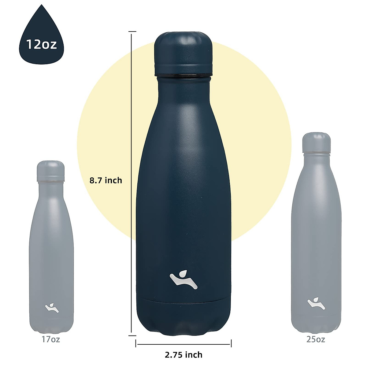 Konokyo Insulated Water Bottles,12 oz Double Wall Stainless Steel Vacumm Metal Flask for Sports Travel, Navy Blue