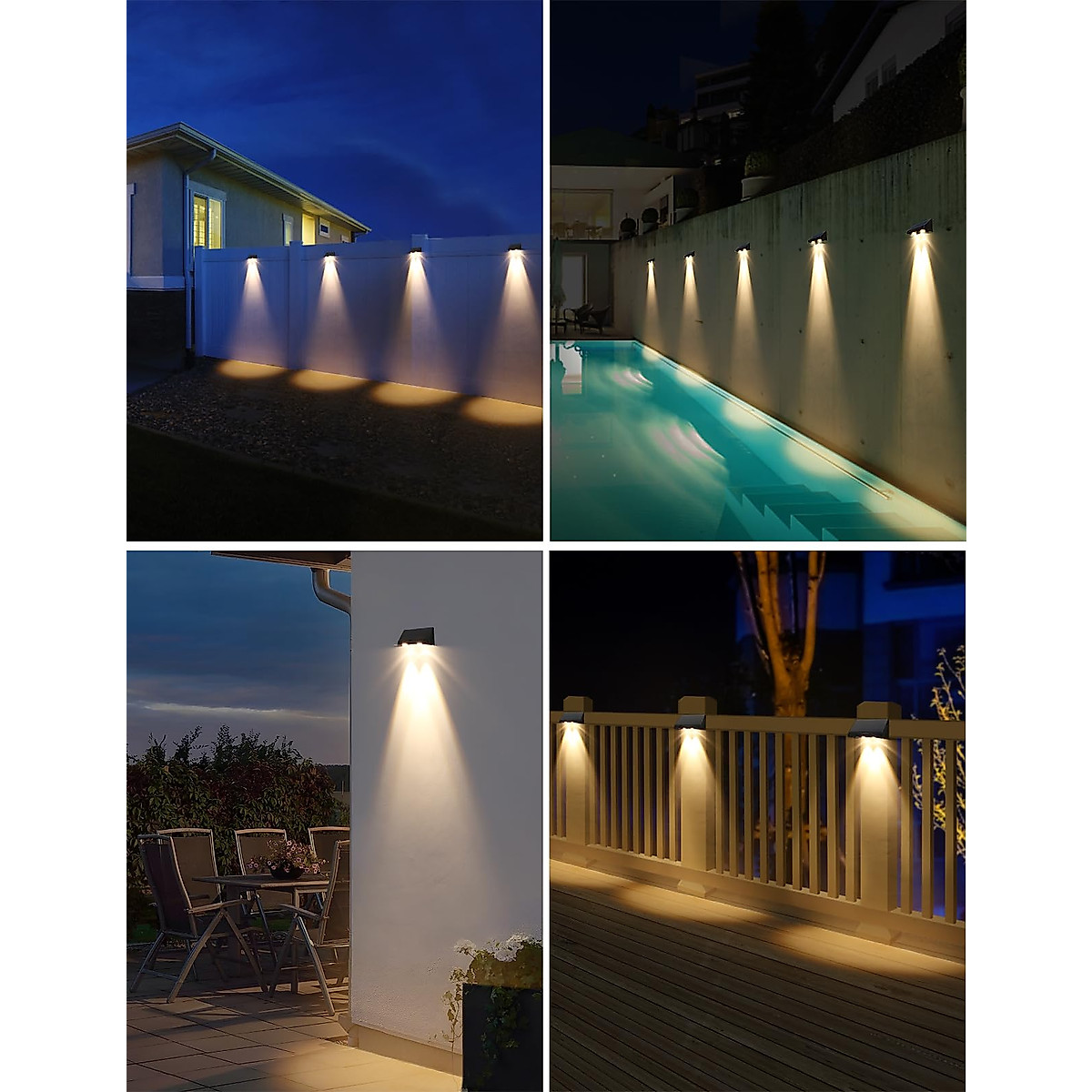 Solar Powered Fence Lights Outdoor Wall Mount LED Decorative Waterproof Yard Lamps for Outside Stair, Rail, Deck, Backyard, House Patio, Pool, Design for Long-Lasting Dusk to Dawn, Warm White 4 Pack